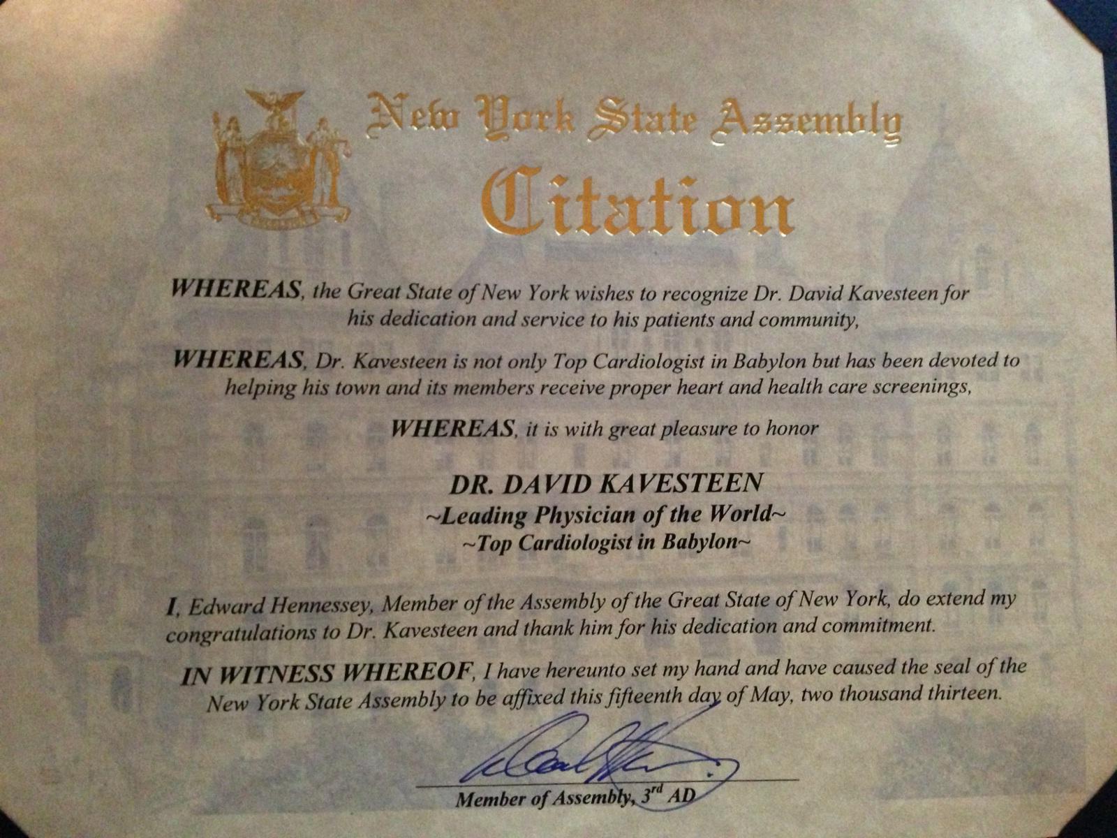 Dr. Kavesteen Awarded Citation from New York Assembly